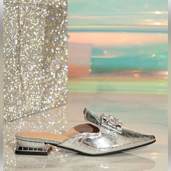 Shoes | Glamorous Silver Mule Shoes For Women Crocodile Embossed ...